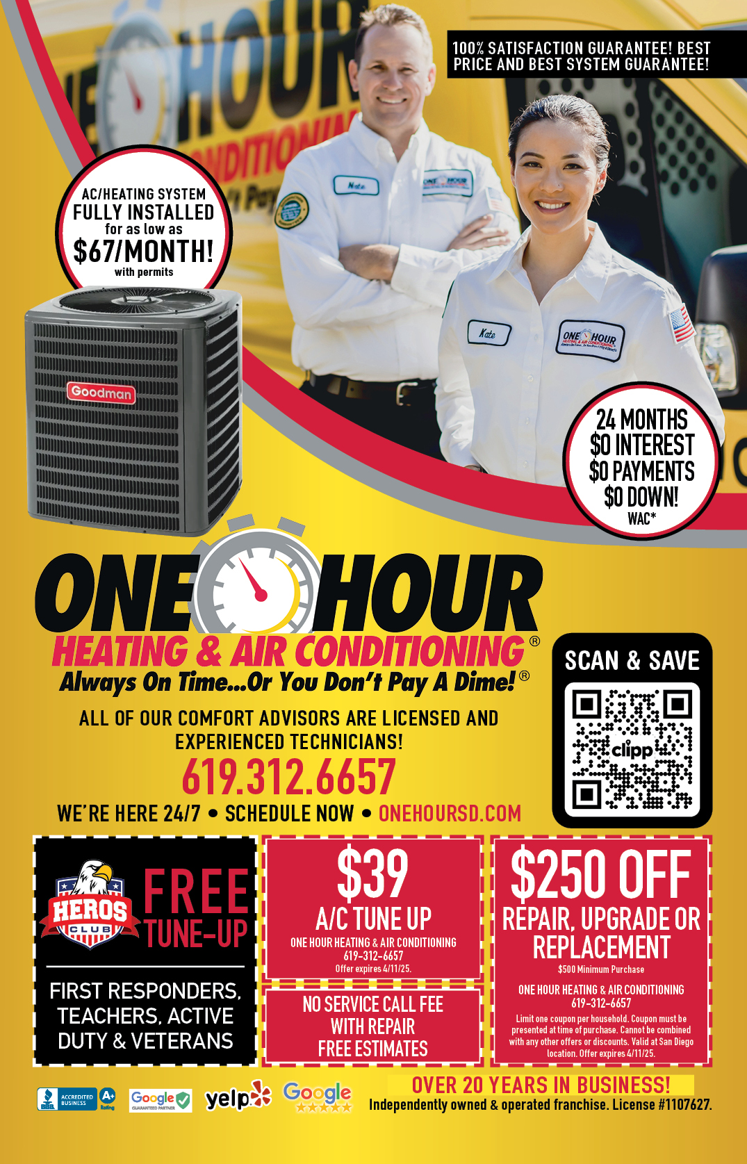 $39 A/C Tune Up at One Hour Heating & Air Conditioning - San Diego, CA